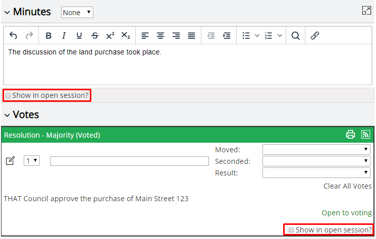 Capturing Closed Session Minutes and Votes within an Open Session – eScribe